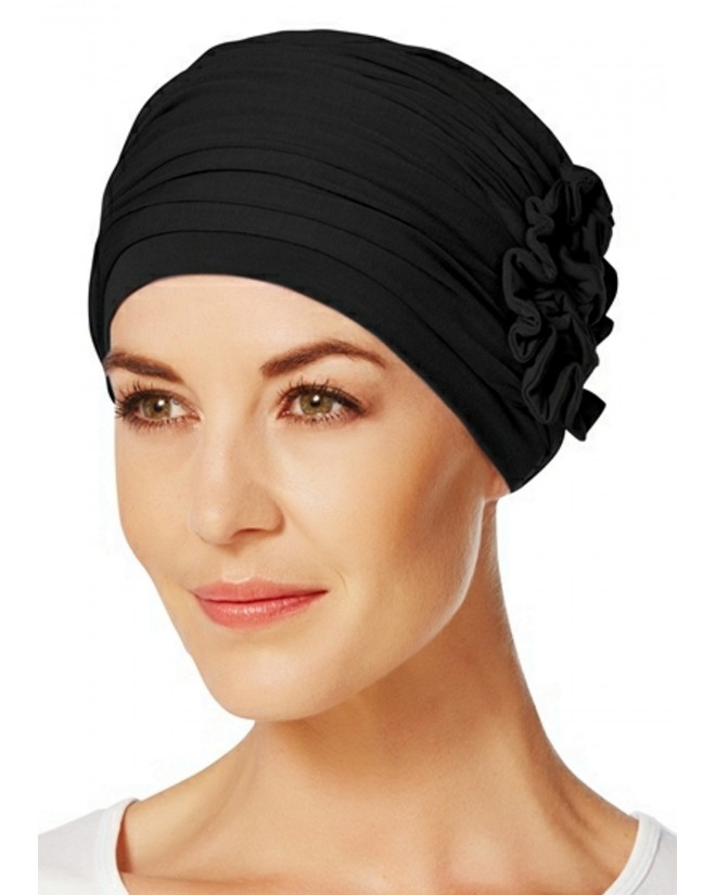 No-Tie Black Turban with Flower